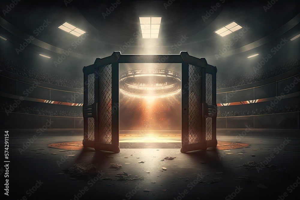 Cage fight arena . Interior view of fighting arena with fans and shining spotlights,Generative ...