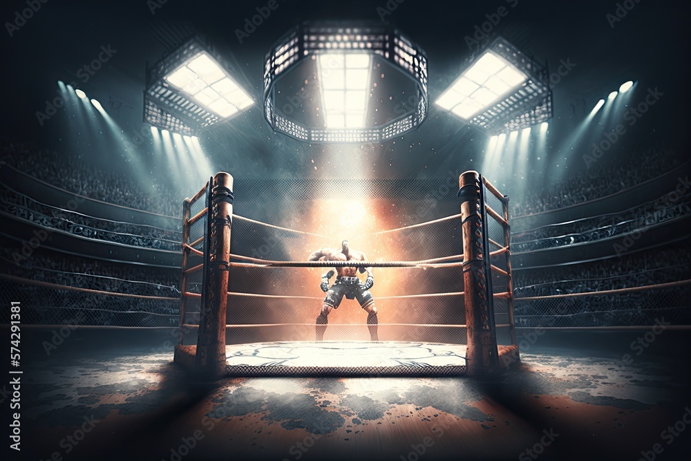 Cage fight arena . Interior view of fighting arena with fans and ...