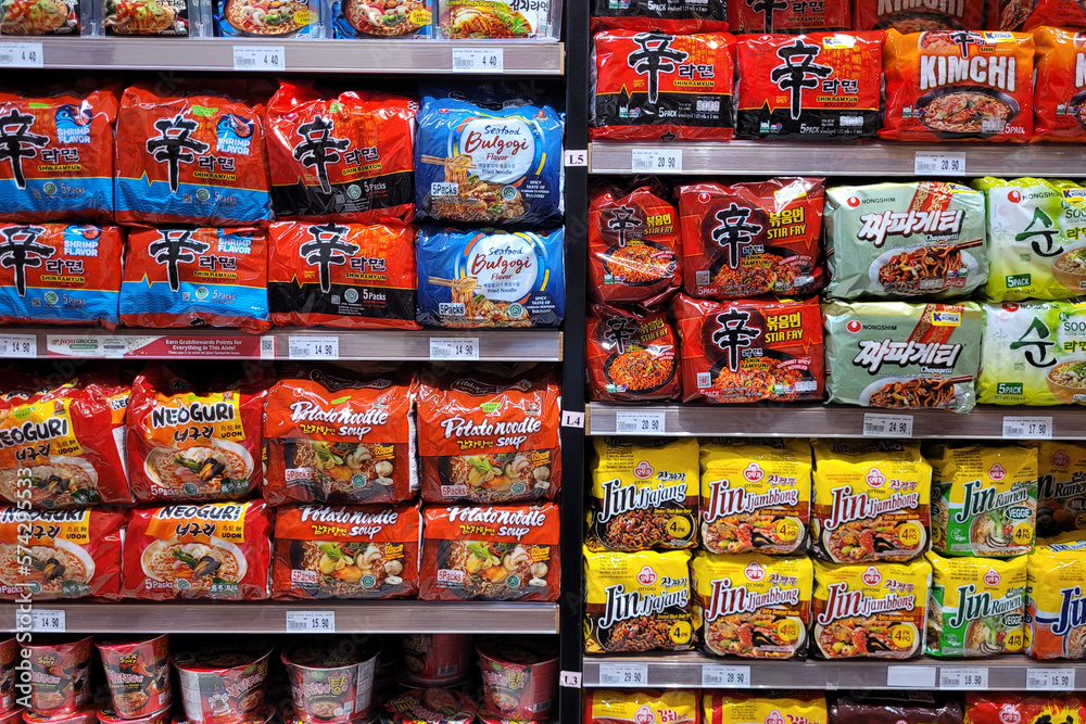 PENANG, MALAYSIA - 22 FEB 2023: Various choice of Korean spicy instant ...