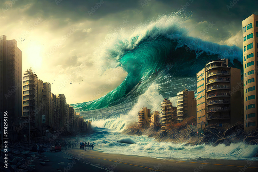 Photo & Art Print Big tsunami wave hits the city, Yuliia