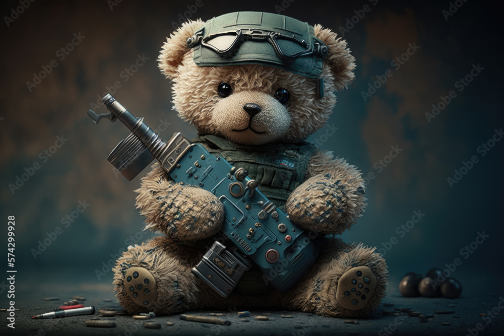 teddy bear as american soldier in war holding a machine gun. generative ...