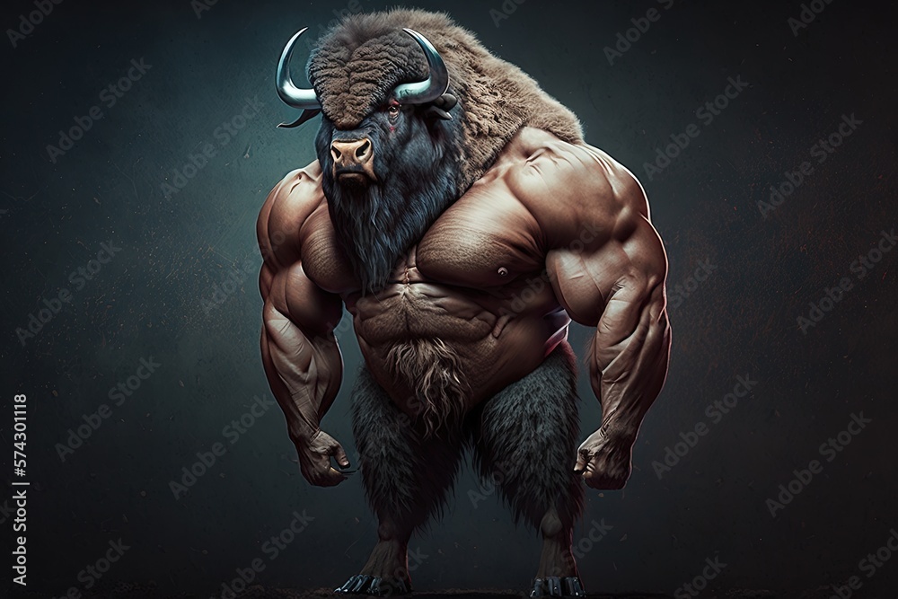 Full body of a strong buffalo in a gym. Bodybuilding genetics concept ...