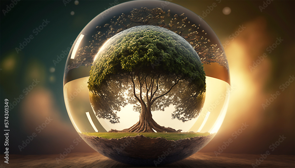 tree inside a_light crystal ball on hand nature.ecology concept ...