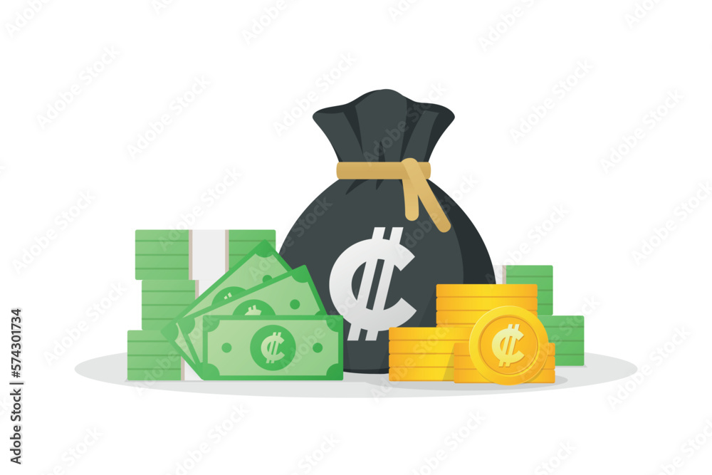 Costa Rican Colon money icon. Money bag, banknotes and gold coins with ...