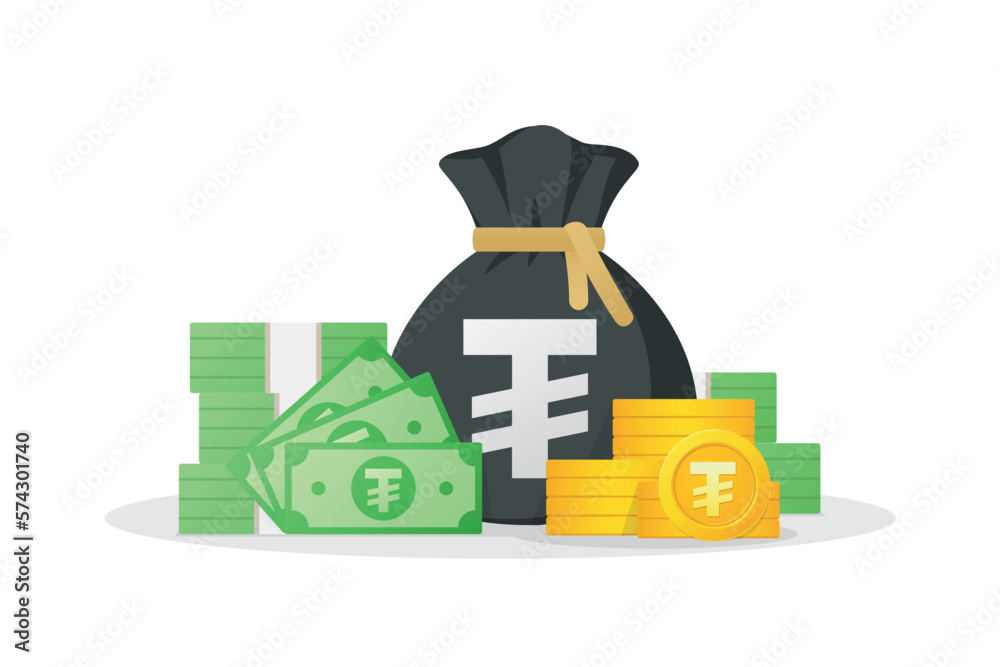 Mongolian money icon. Money bag, banknotes and gold coins with ...
