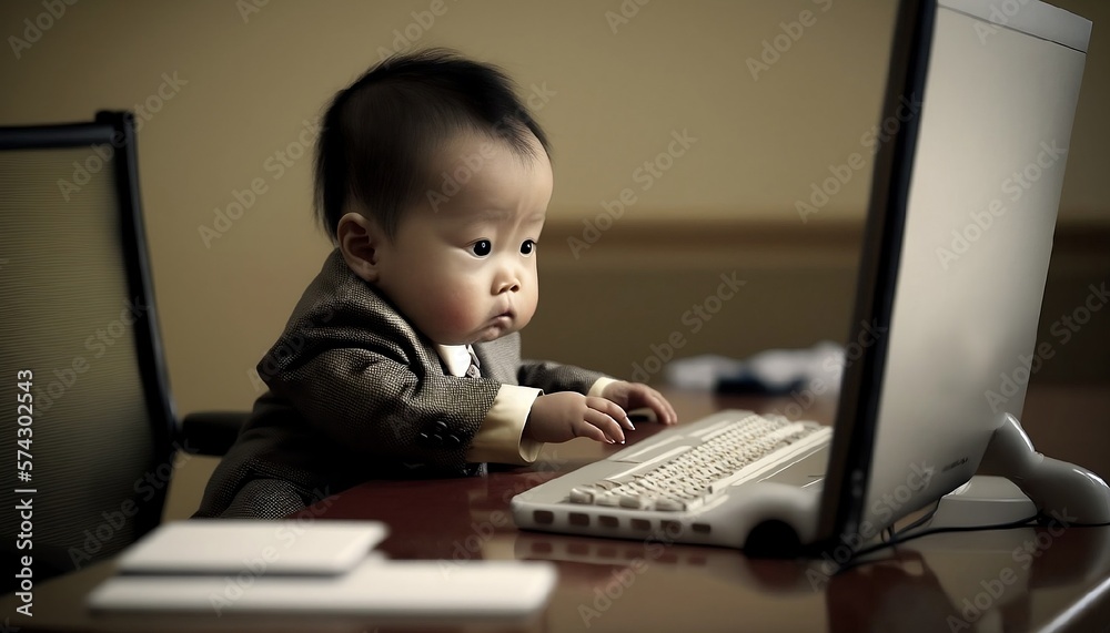 bébé en costume en train de travailler sur son ordinateur installé à ...