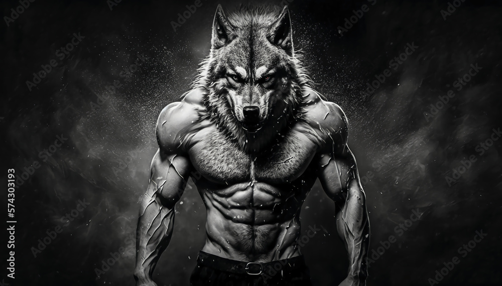 Masculine and very muscular wolf-man. Testosterone concept. Gym ...