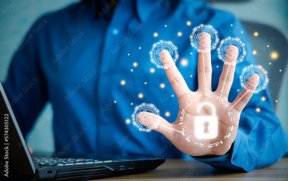 Biometric authentication and cybersecurity concept. Businessman ...