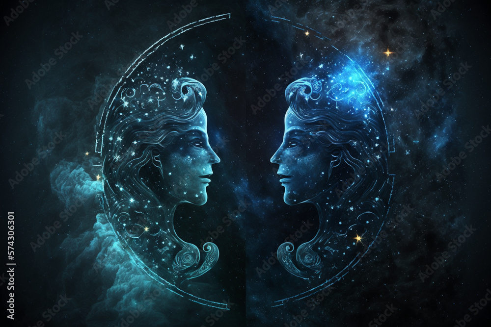 Gemini (the twins) zodiac sign against universe background, horoscope ...