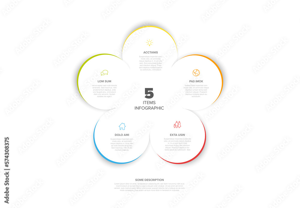 Minimalistic five steps items elements template with color borders ...