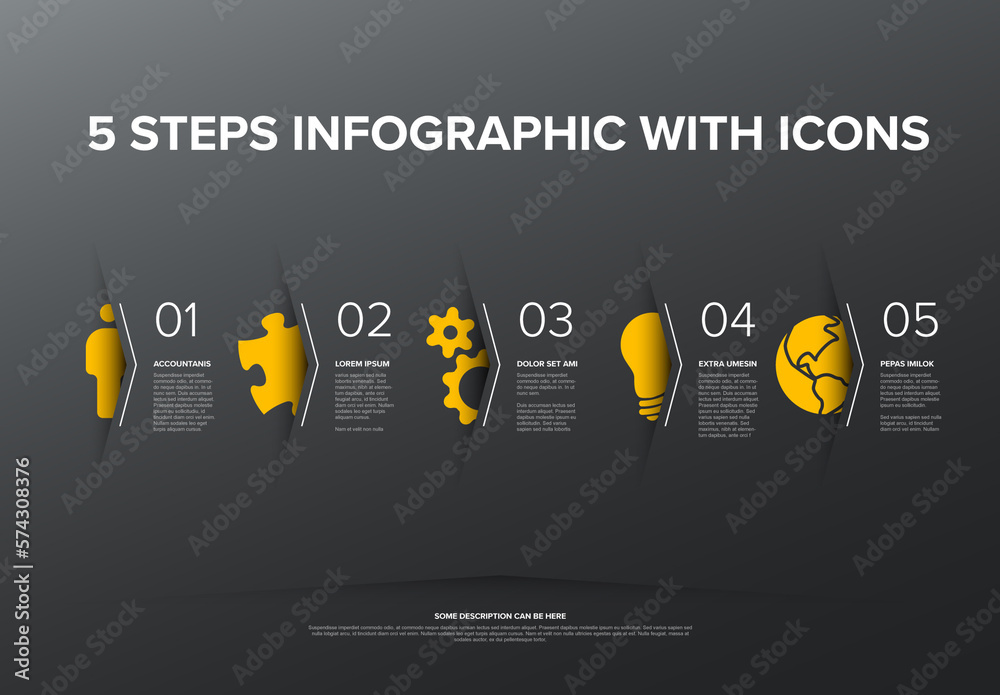 Five steps progress page template with big yellow icons Stock Template ...