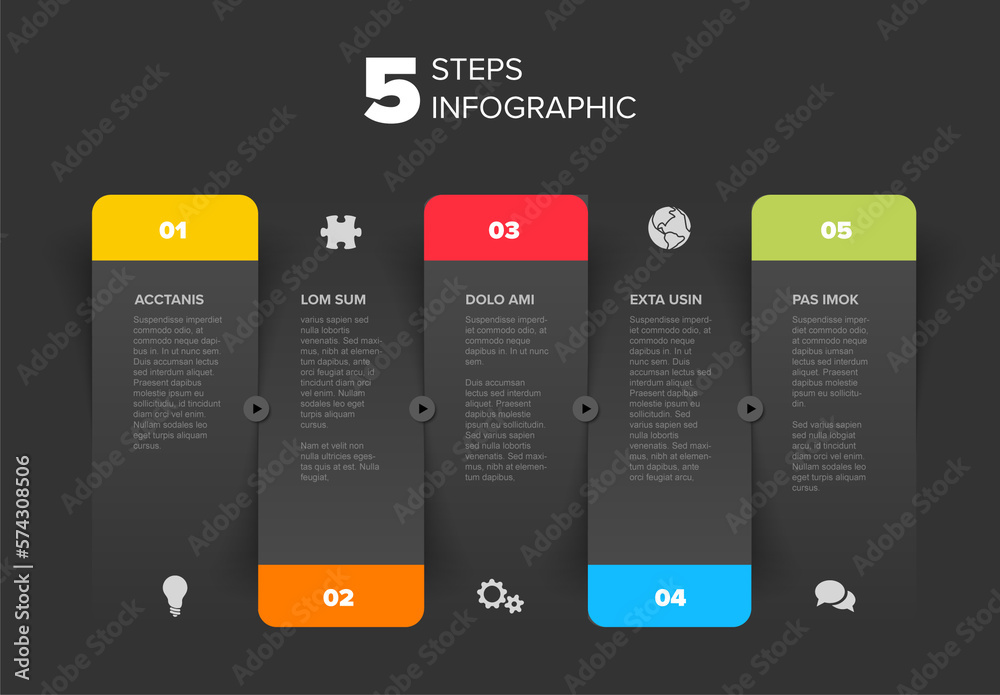 Five dark gray steps progress page template with color borders, numbers ...