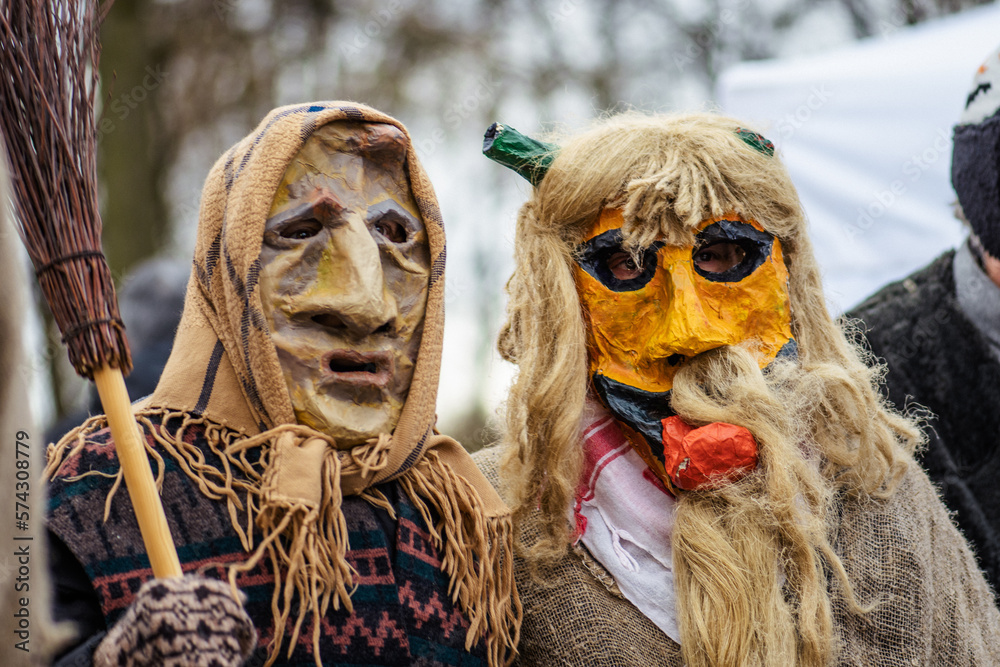 Traditional masks and costumes in Lithuania during Uzgavenes, a ...