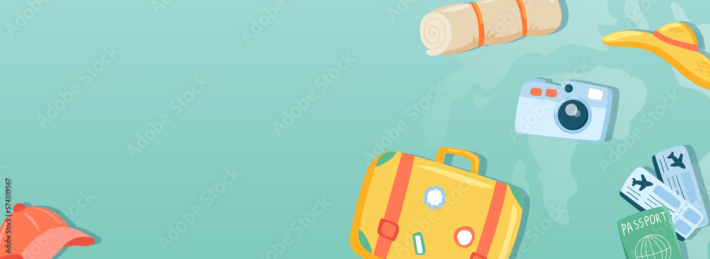 Summer vacation horizontal web banner. Cap, suitcase luggage, mat ...