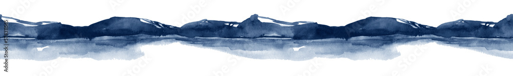 Seamless watercolor linear pattern, border. Blue mountain landscape, a ...