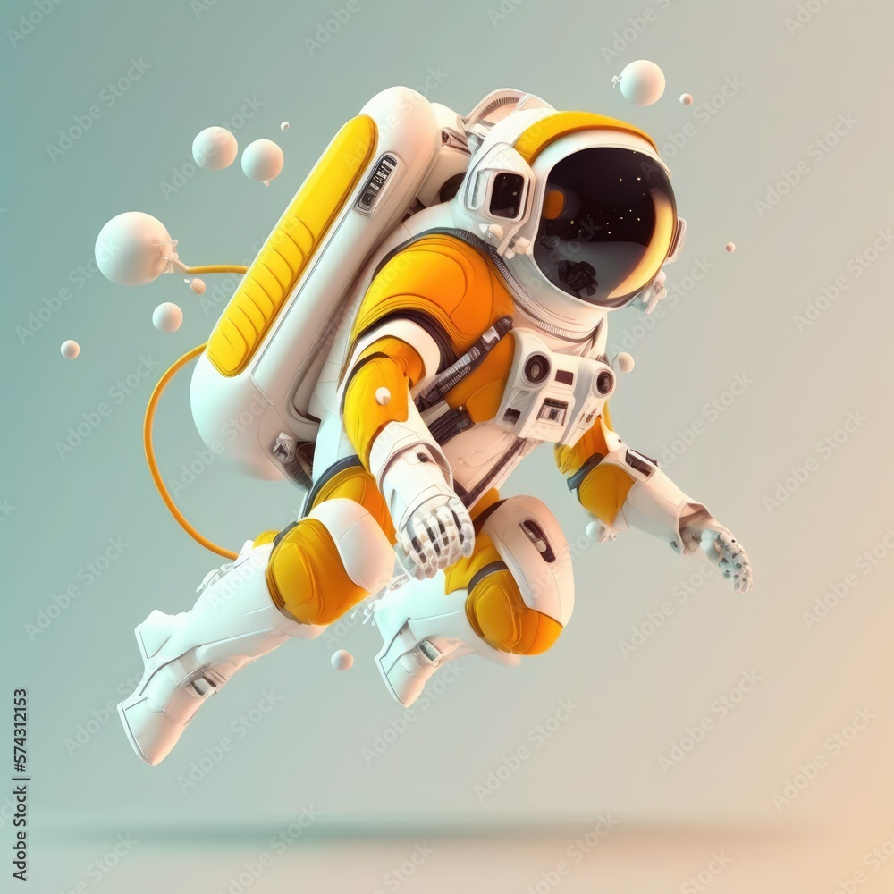 space explorer in a space suit, hovering in zero-gravity, with a ...
