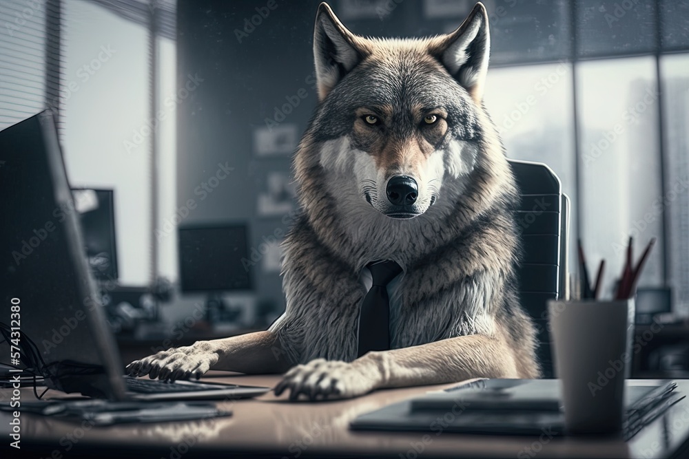 Portrait of male wolf in a business suit at the office. Generative AI ...