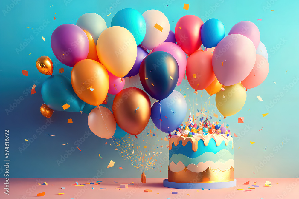 birthday party balloons with confetti and cake on light blue background ...