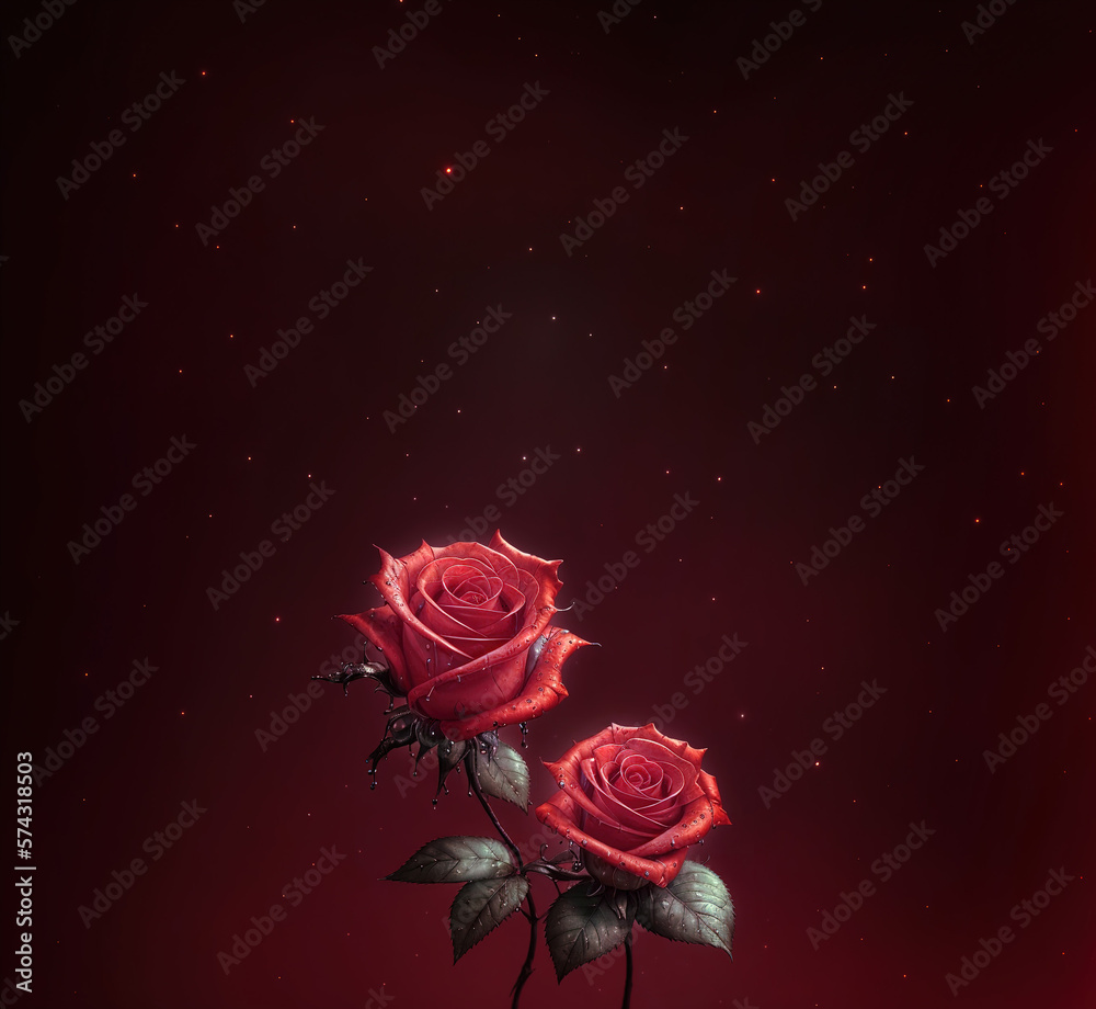 Pink rose bush on a dark background with sparks and glowing stars ...