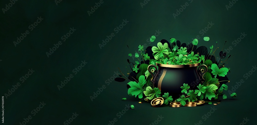 Saint Patrick's Day banner with black pot full of gold coins and ...