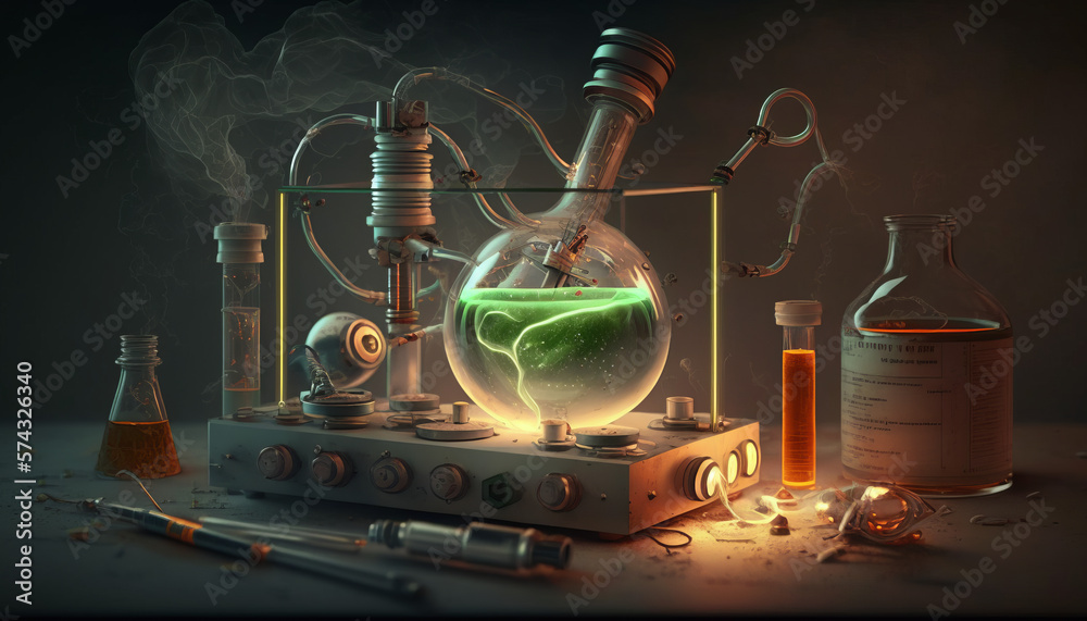 Experiment. Set of different pharmaceutical flasks, beakers and test ...