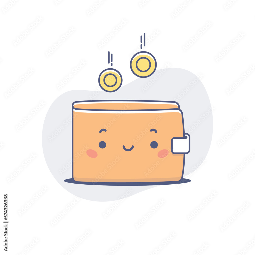 Kawaii wallet character with golden coins vector cartoon illustration ...