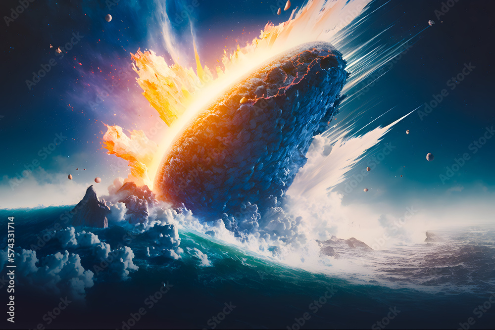 Fall of an asteroid meteorite into the ocean sea with a huge tsunami ...