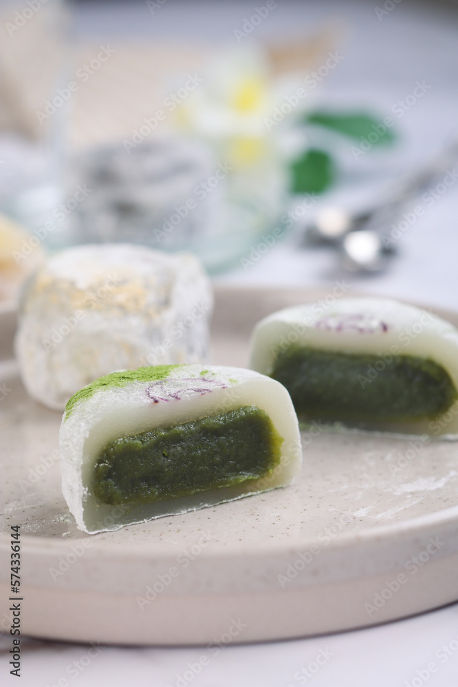 An authentic traditional Japanese mochi filled with green tea matcha ...