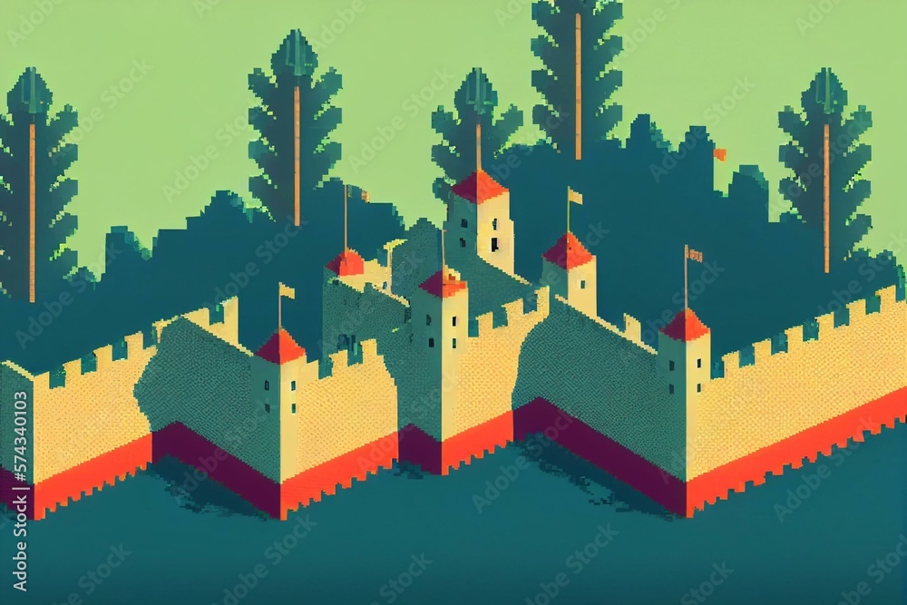 Pixel art medieval castle with trees and mountains, background in retro style for 8 bit game ...