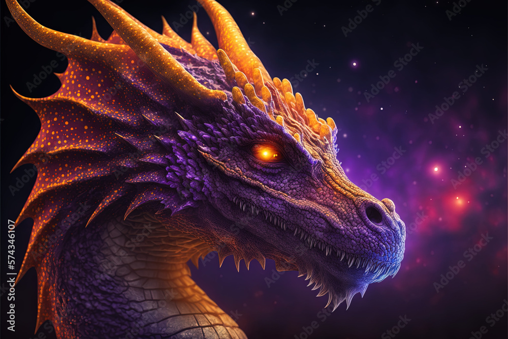 Cosmic dragons in orange and purple, mythical creatures full of power ...