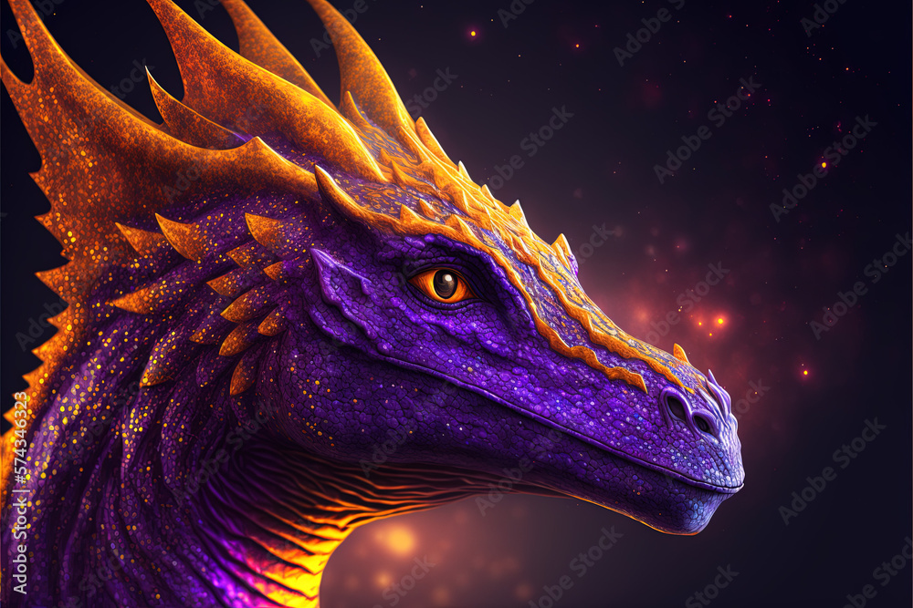 Cosmic dragons in orange and purple, mythical creatures full of power ...