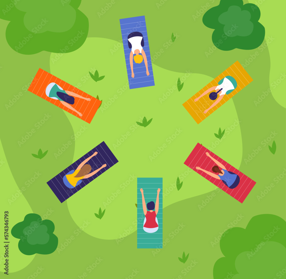 People formed in a circle doing yoga in a park, top view, vector ...