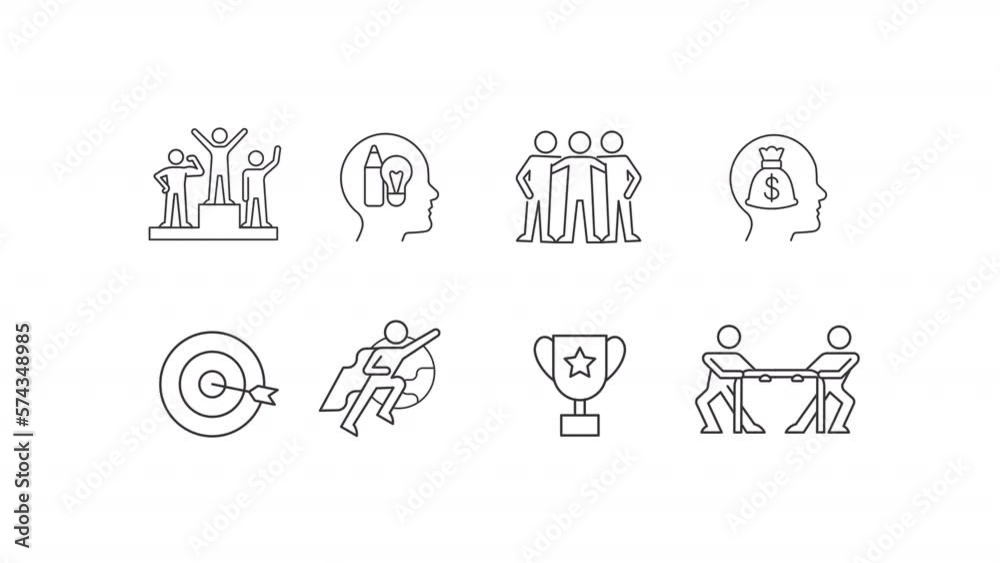 Animated competitions linear icons. Achievement motivation. Set goal ...
