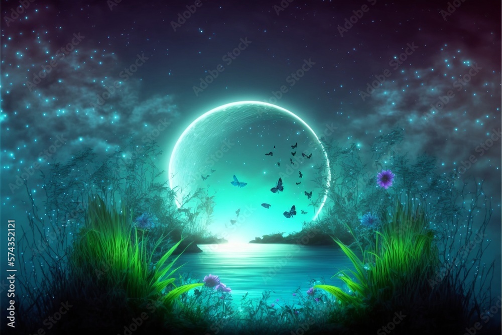 painting of a full moon over a body of water Stock Illustration | Adobe ...
