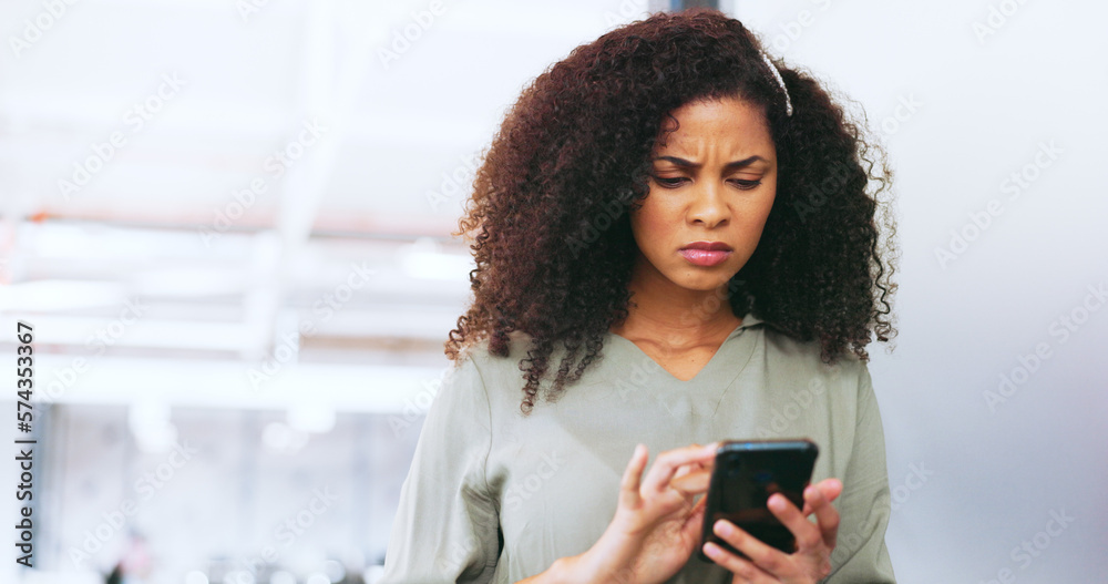 Sad, reading communication and black woman on mobile app, email and ...