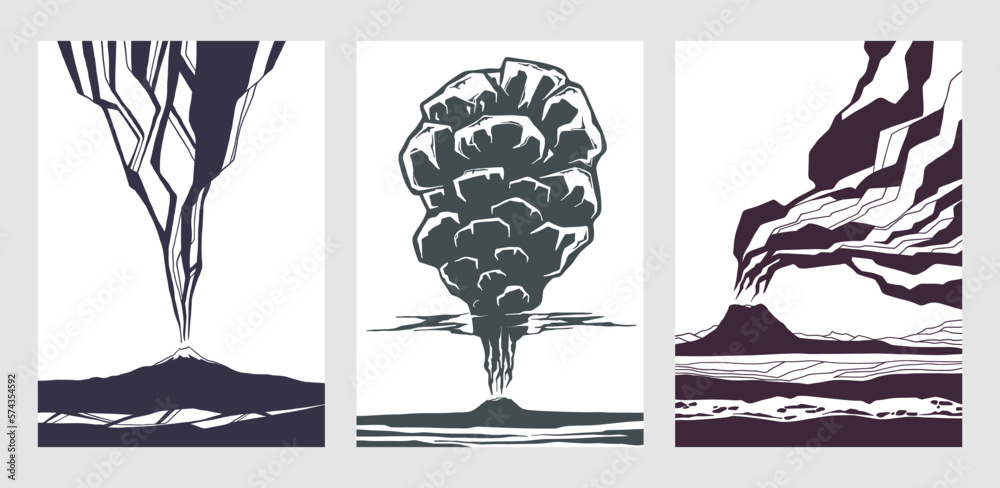 Volcano posters set. Minimalist nature landscape, black silhouettes of ...