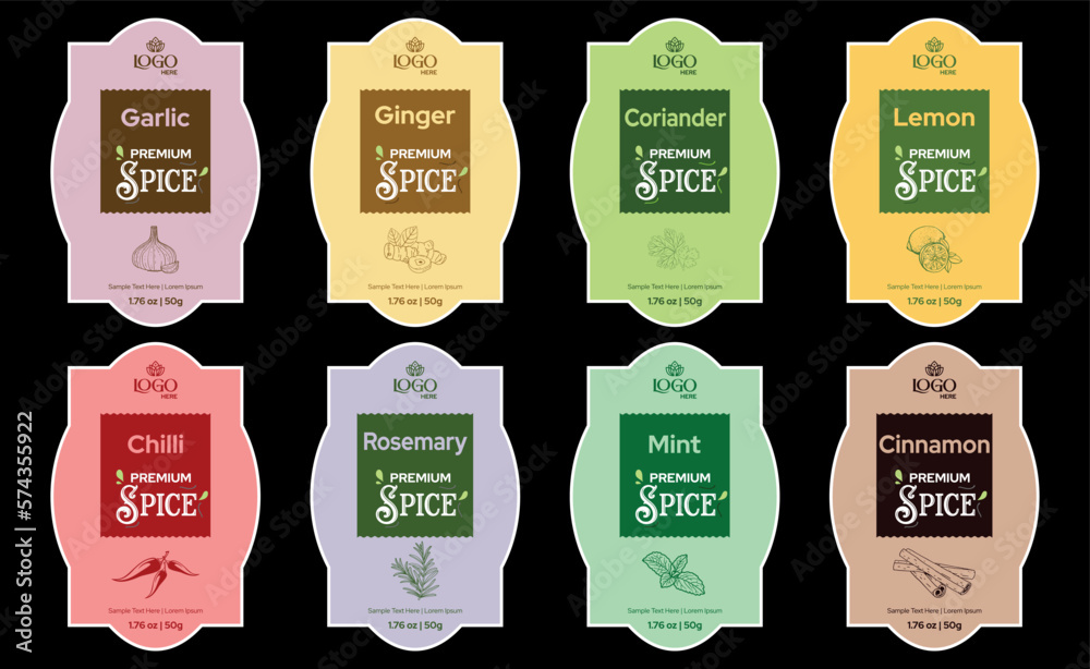 Spice Label Designs Garlic Ginger Coriander Label, Lemon Spice, Chili ...
