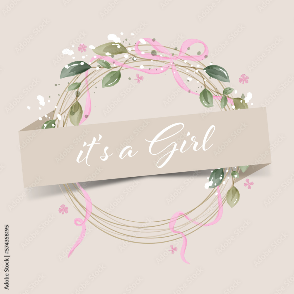 It`s a girl, baby shower announcement banner in rustic style, card ...