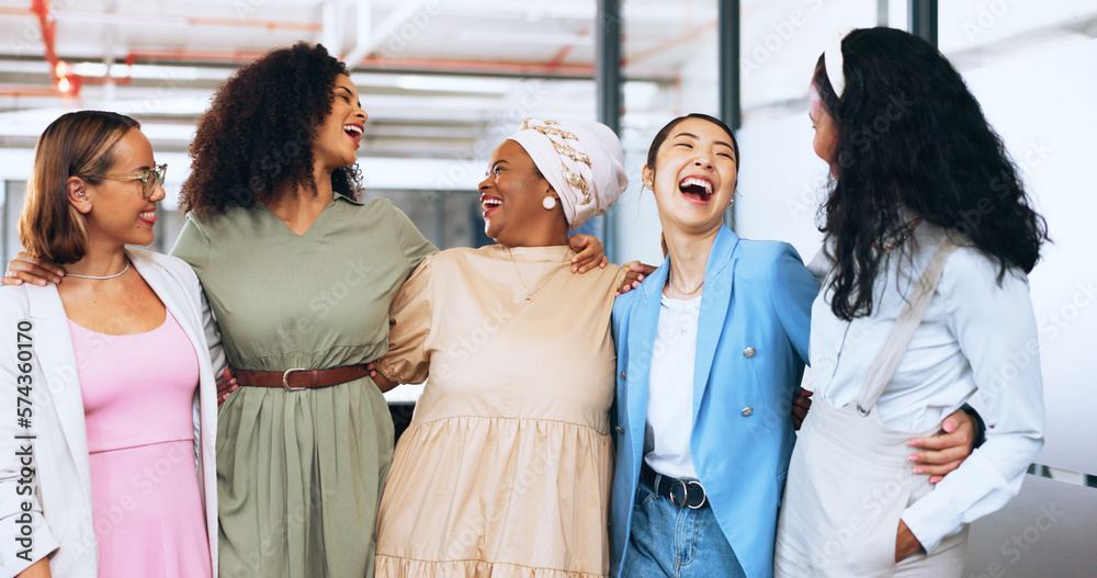 Diversity, work friends and women in modern office, bonding and laugh ...