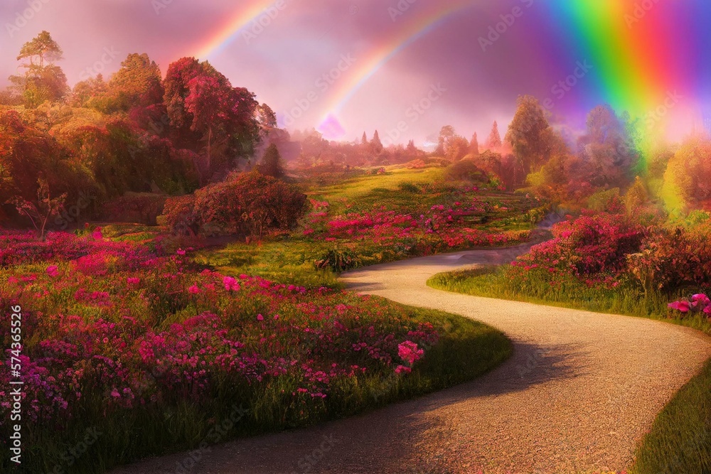 Fantasy panoramic photo background with pink rose garden, misty path ...