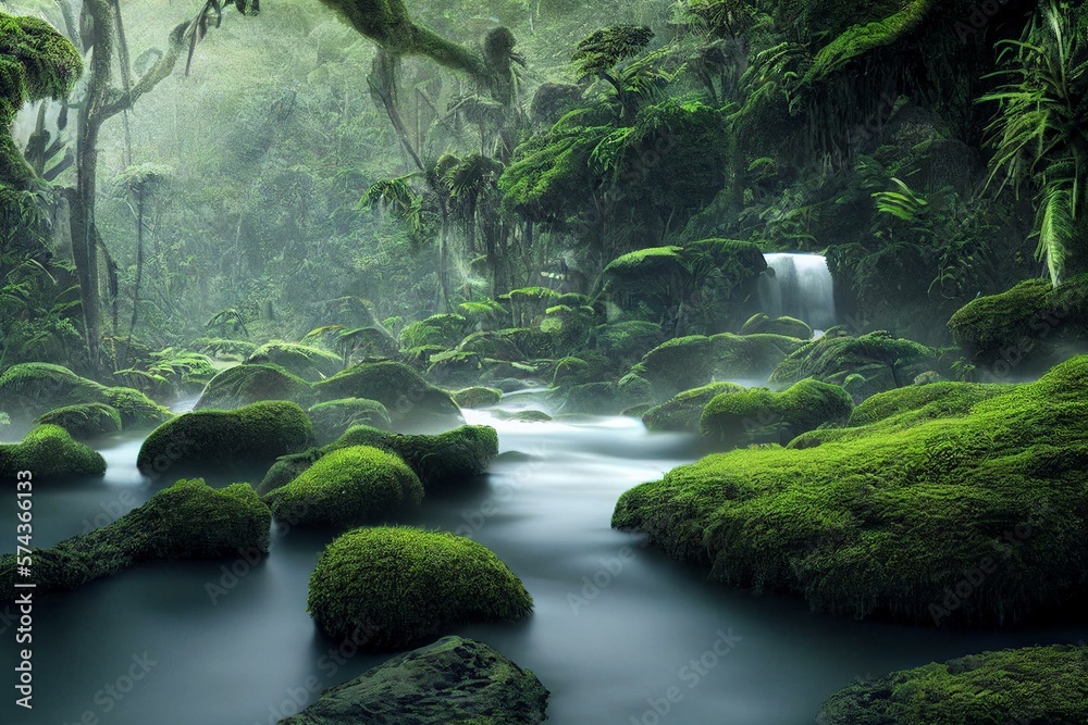 amazon rainforest, tropical vegetation, jungle landscape with creek ...