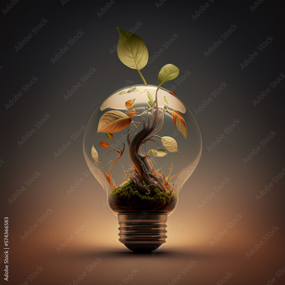 A lamp with a tree and leaves to save the environment. Green energy ...