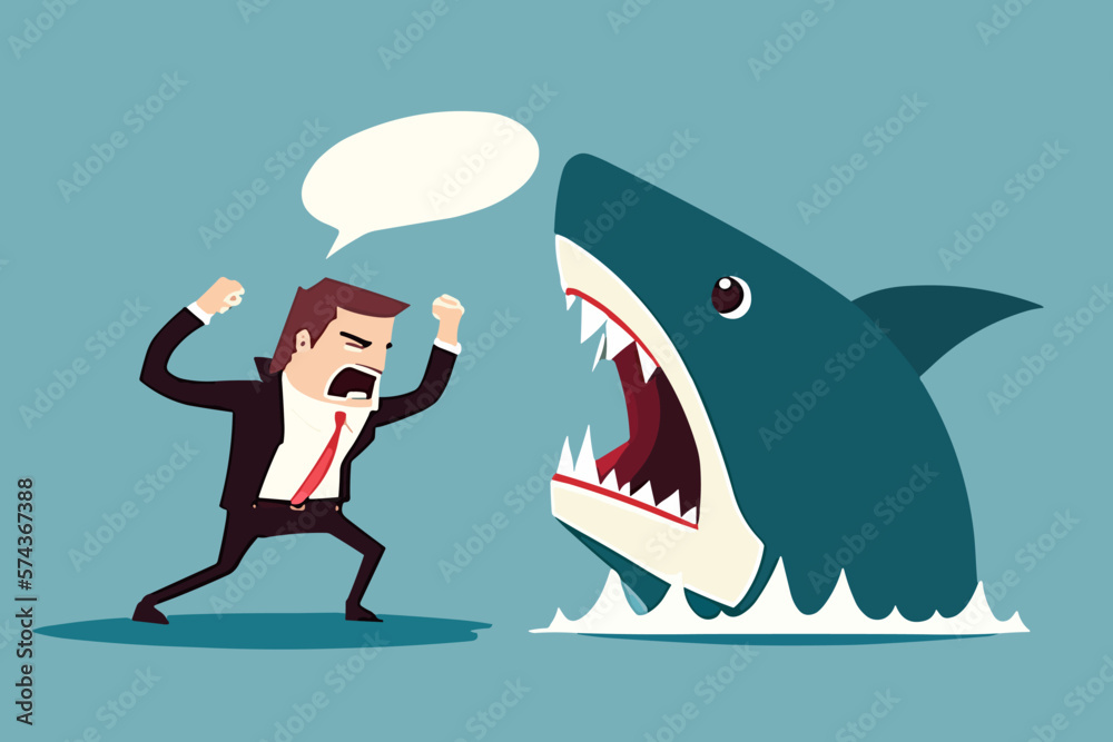 Cartoon image of a shark and a businessman fighting. Business shark ...