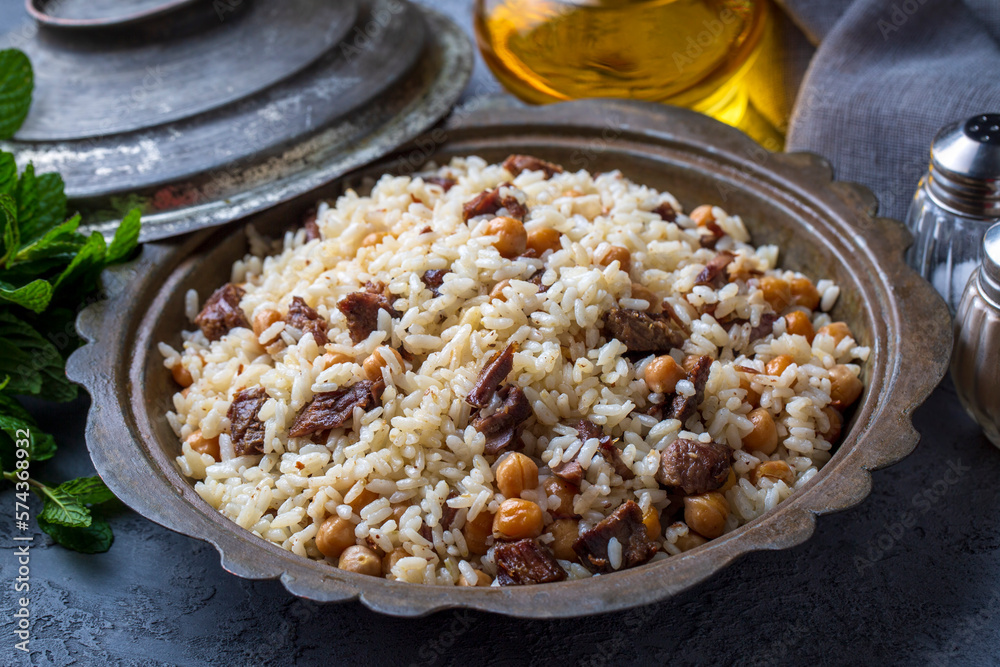 Traditional Turkish food; Roasted meat on rice (Turkish name; pilav ...