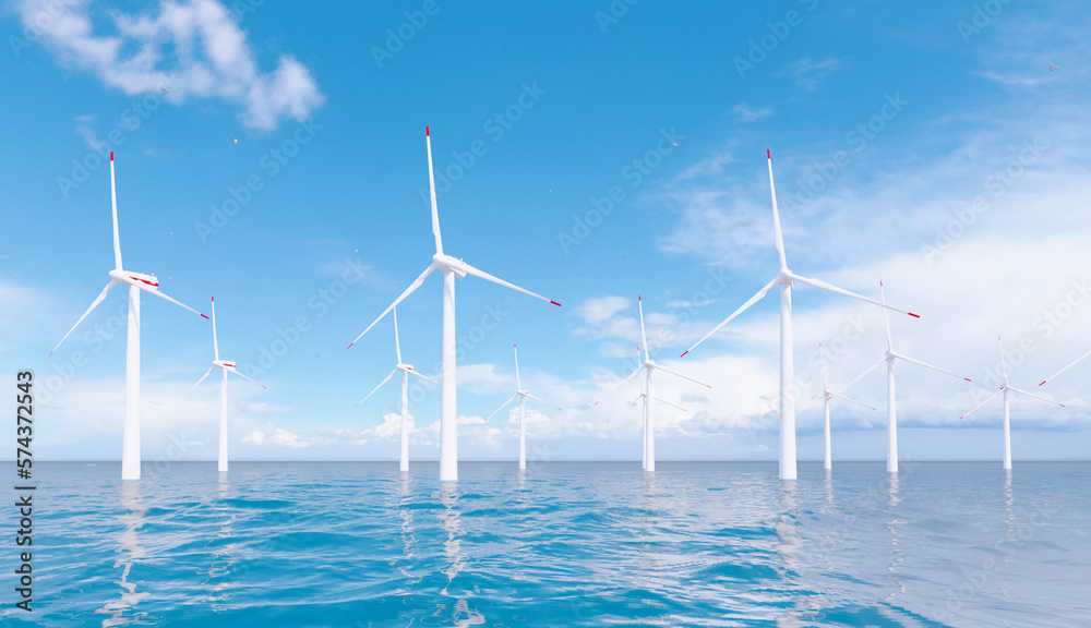 Ocean Wind Farm. Windmill farm in the ocean. Offshore wind turbines in ...