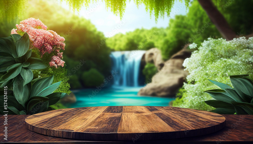 Wood top table with blue sky ,waterfall, flower,tropical background ...