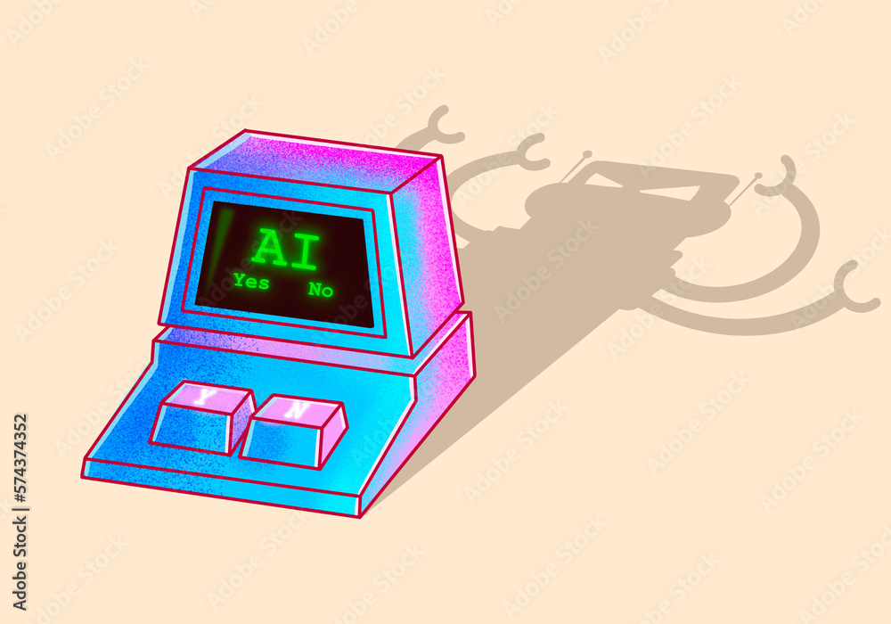 Vintage computer illustration with AI on the screen and two YES or NO ...