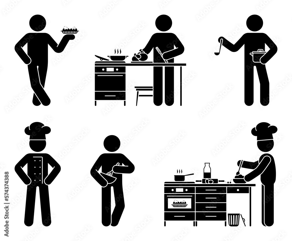 Stick figure chef cook vector illustration set. Stickman person cooking ...