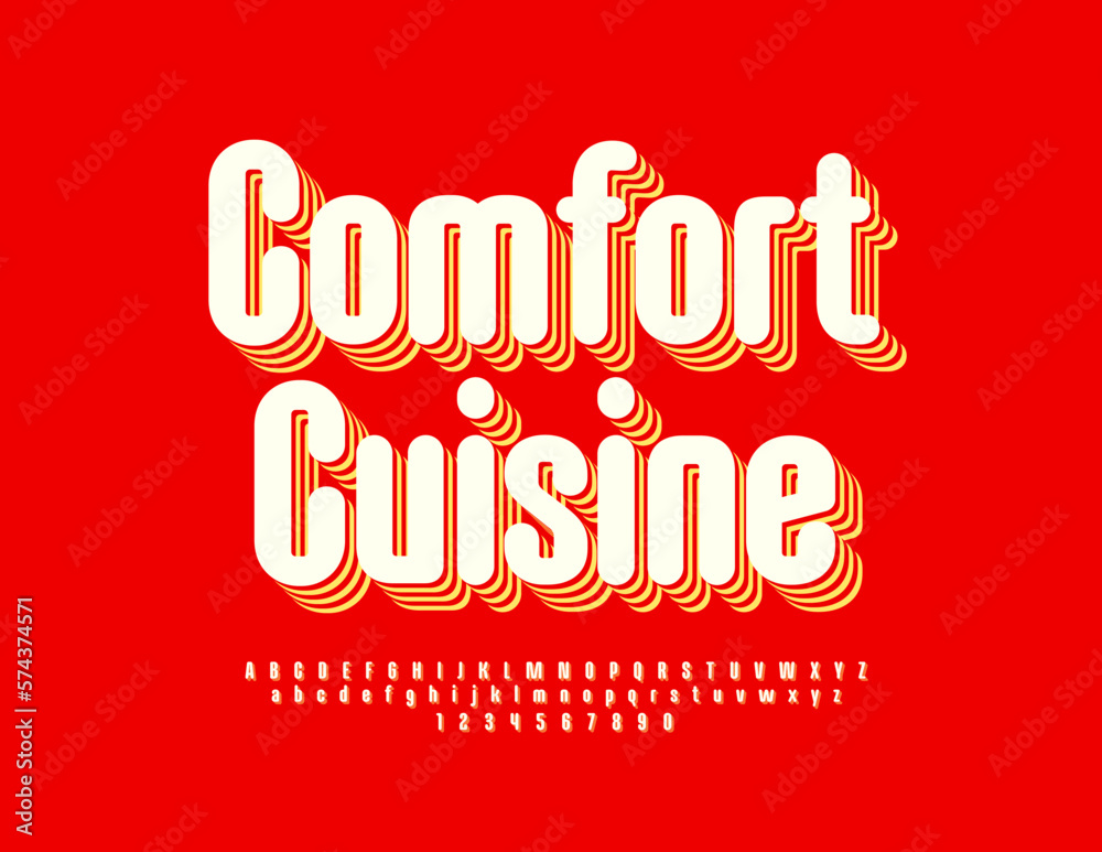 Vector stylish emblem Comfort Cuisine with 3D creative Font. Set of ...