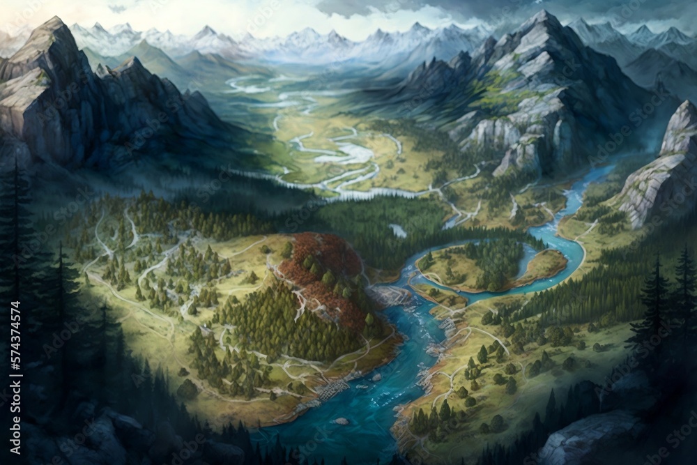 oil painting map of a sprawling highland valley kingdom, fantasy ...